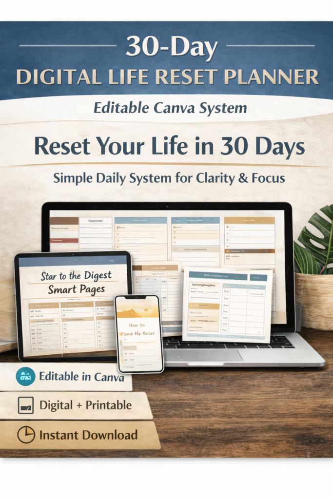 30-Day Digital Life Reset Planner (Editable Canva System) - PurelyDigital